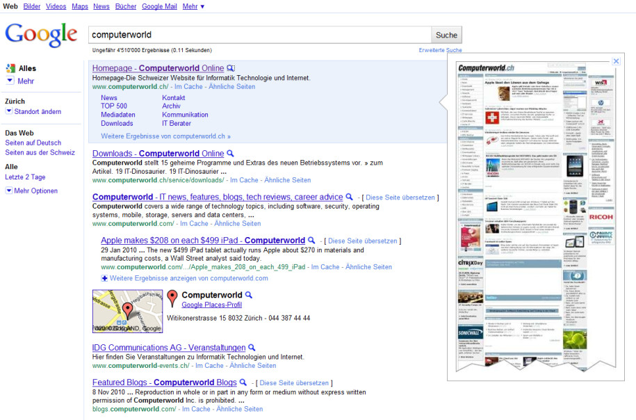 Google-Suche neu mit grafischer Vorschau - computerworld.ch