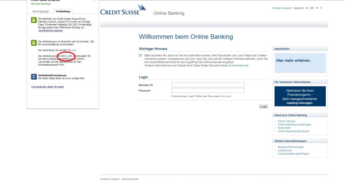 Wie sicher ist die Verschlüsselung auf der Credit-Suisse-Webseite ...